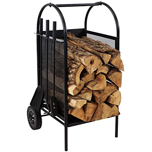 Sunnydaze Firewood Log Cart with Wheels and Fireplace Tool Set - Includes 3 Tools with Steel Handles