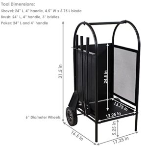 Sunnydaze Firewood Log Cart with Wheels and Fireplace Tool Set - Includes 3 Tools with Steel Handles