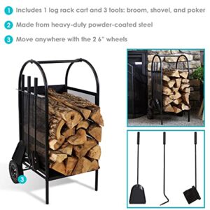 Sunnydaze Firewood Log Cart with Wheels and Fireplace Tool Set - Includes 3 Tools with Steel Handles