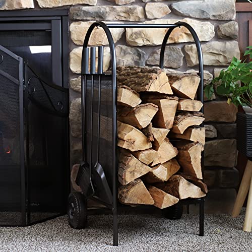 Sunnydaze Firewood Log Cart with Wheels and Fireplace Tool Set - Includes 3 Tools with Steel Handles