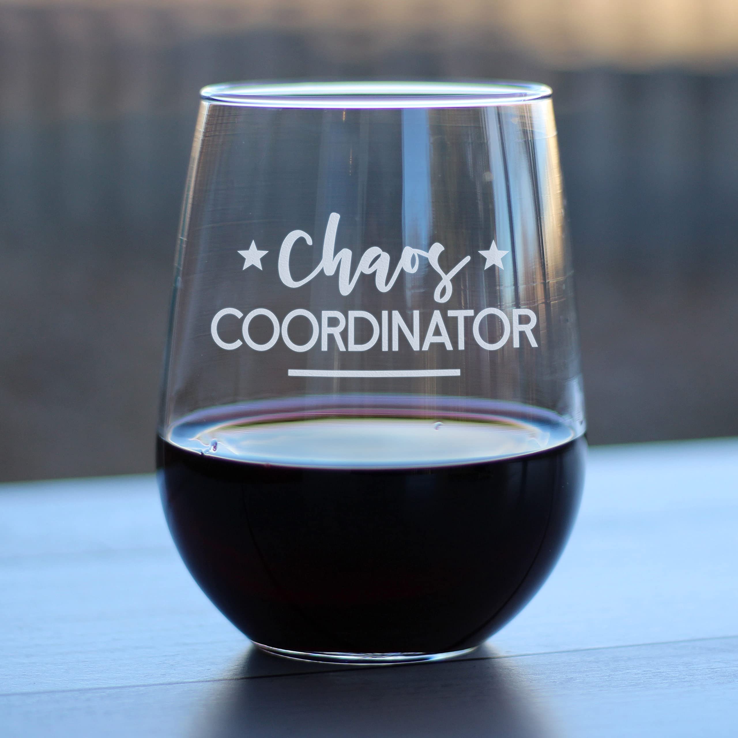 Chaos Coordinator - Stemless Wine Glass - Funny Gifts for Secretaries, Moms, and Teachers - Large 17 Oz Glasses