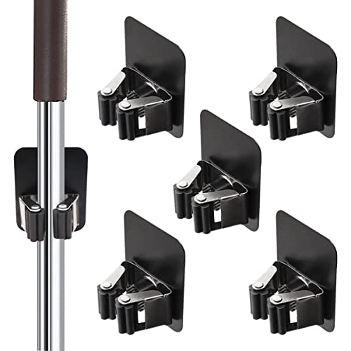 Seamaka 5PCS Broom Holder Wall Mount Stainless steel Mop Holder Self Adhesive ​Mop Grippers Heavy Duty Broom Hanger for Laundry Room Garden Tool Holder Bathroom Accessories Black O-008-BK