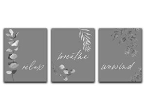 relax, breathe, unwind bathroom wall decor - set of 3-8"x10" unframed prints - modern, minimal, boho, zen black and white art - bathroom wall art (grey background)