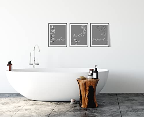 Relax, Breathe, Unwind Bathroom Wall Decor - Set of 3-8"x10" UNFRAMED Prints - Modern, Minimal, Boho, Zen Black And White Art - Bathroom Wall Art (Grey Background)