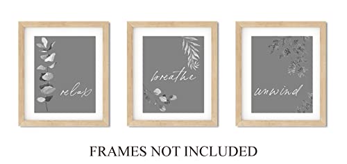 Relax, Breathe, Unwind Bathroom Wall Decor - Set of 3-8"x10" UNFRAMED Prints - Modern, Minimal, Boho, Zen Black And White Art - Bathroom Wall Art (Grey Background)