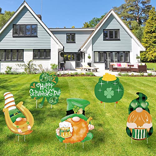 St. Patrick's Day Yard Sign Stakes Outdoor Decorations 5 pcs Irish Gnome Shamrock Green Lawn Sign for Saint Patty's Day Outside Lawn Yard Decorations Supplies 