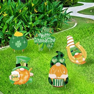 St. Patrick's Day Yard Sign Stakes Outdoor Decorations 5 pcs Irish Gnome Shamrock Green Lawn Sign for Saint Patty's Day Outside Lawn Yard Decorations Supplies 