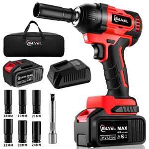 silvel impact wrench, cordless impact wrench 1/2 inch, brushless 1/2 inch impact gun, 370 ft-lbs max torque(500n.m), 21v li-ion battery, 6pcs sockets, electric impact driver