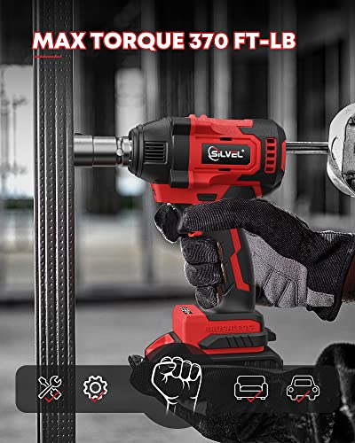 SILVEL Impact Wrench, Cordless Impact Wrench 1/2 inch, Brushless 1/2 Inch Impact Gun, 370 Ft-lbs Max Torque(500N.m), 21V Li-ion Battery, 6Pcs Sockets, Electric Impact Driver