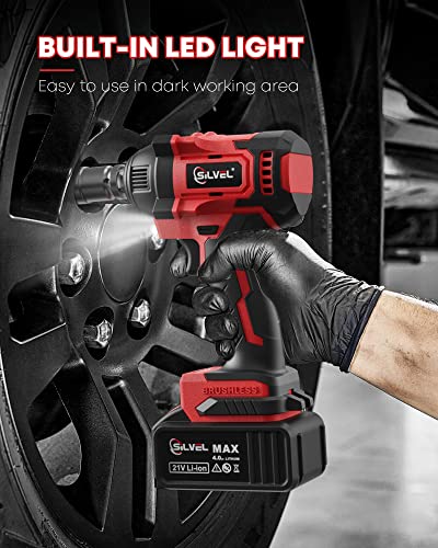 SILVEL Impact Wrench, Cordless Impact Wrench 1/2 inch, Brushless 1/2 Inch Impact Gun, 370 Ft-lbs Max Torque(500N.m), 21V Li-ion Battery, 6Pcs Sockets, Electric Impact Driver