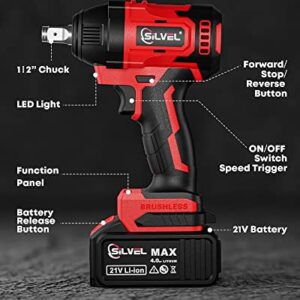 SILVEL Impact Wrench, Cordless Impact Wrench 1/2 inch, Brushless 1/2 Inch Impact Gun, 370 Ft-lbs Max Torque(500N.m), 21V Li-ion Battery, 6Pcs Sockets, Electric Impact Driver