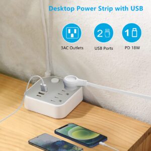 Power Strip with USB C, 3 Outlets Desktop Charging Station, 6 Ft Extension Cord, Small and Portable Power Strip for Travel, Cruise Ship