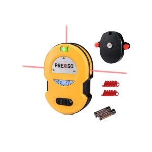 prexiso multi surface laser level led light vial, 30ft horizontal & vertical line laser with wall mount base, 2 pins, 10 sticker, 2 aa batteries for hanging frames & picture, construction wall writing