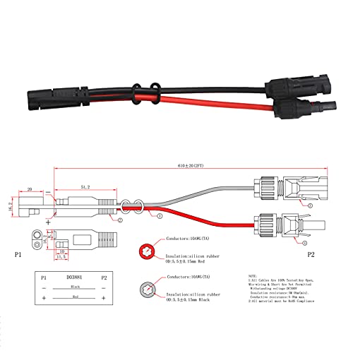 Solar Panel to SAE Extension Cable - 2Ft 10AWG PV Panel Male and Female Connectors to SAE Quick Release Plug Power Cable for Solar Battery Generator, Silicone Wire, IP67 Waterproof