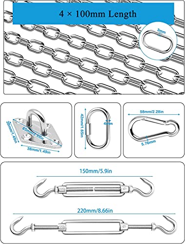 TooTaci Sun Shade Sail Hardware Kit with Chains 1M× 4pcs,Heavy Duty Shade Sail Hardware Kit Rectangle 6 inch with Stainless Steel Hanging Chains 1/8 for Sun Sail Installation,Outdoor Canopy,Pergola