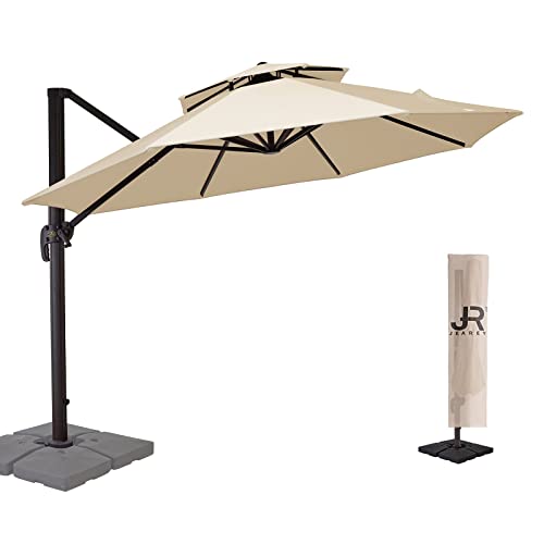 JEAREY 9FT Cantilever Patio Umbrellas Double Top Outdoor Umbrella Heavy Duty Offset Sun Umbrella with Umbrella Cover for Garden, Deck, Backyard and Pool, Beige