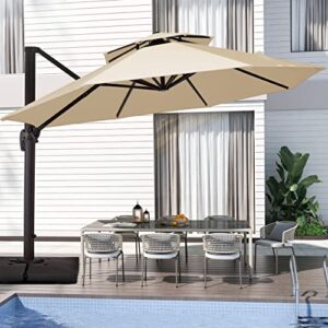 JEAREY 9FT Cantilever Patio Umbrellas Double Top Outdoor Umbrella Heavy Duty Offset Sun Umbrella with Umbrella Cover for Garden, Deck, Backyard and Pool, Beige