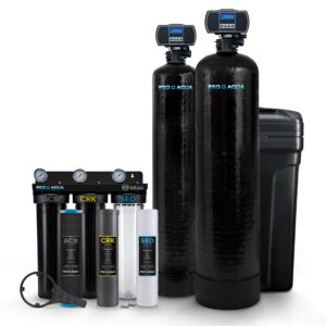 pro+aqua elite 5-stage whole house water softener and filter bundle system for well water | reduces heavy metals, iron, sulfur, sediment, chlorine, and more | ideal for 3-4 bathrooms