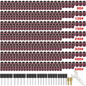 sunxeke 531 pcs sanding drum set, drum sander sleeves 80/120/240/320/400/600 grit each of 24 pcs, 24pcs drum mandrels diameters, 2pcs self-tightening drill chuck, wrench 1pc, dremel rotary tool