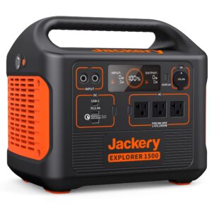 jackery portable power station explorer 1500, 1534wh portable generator with 3x110v/1800w ac outlets, solar mobile lithium battery pack for outdoor rv/van camping, overlanding (renewed)