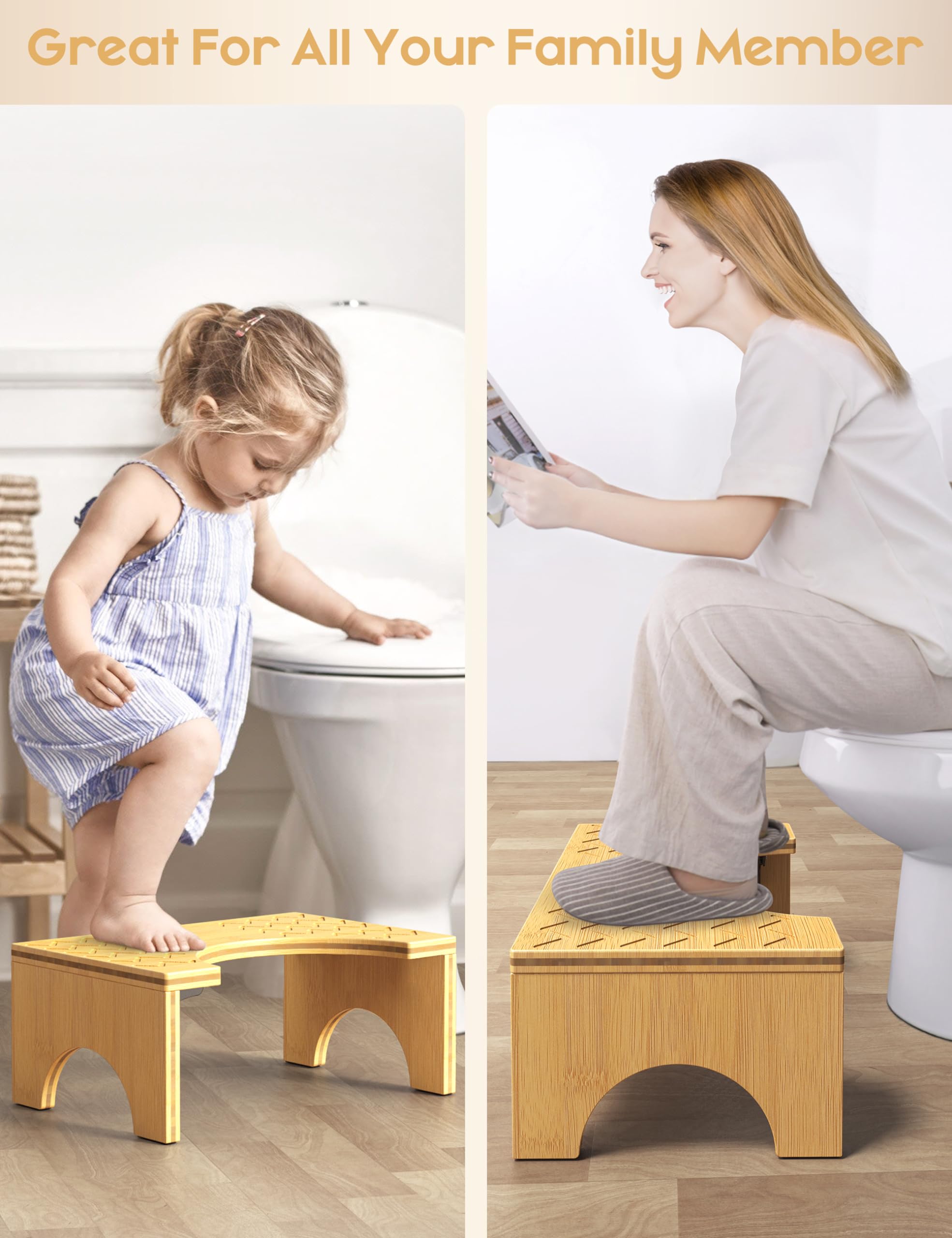 Toilet Stool, Easoger Bamboo Poop Stool, 7" Foldable Potty Stool, Wood Bathroom Step Stool Squat with Anti Slip Layer, 330 lbs Capability