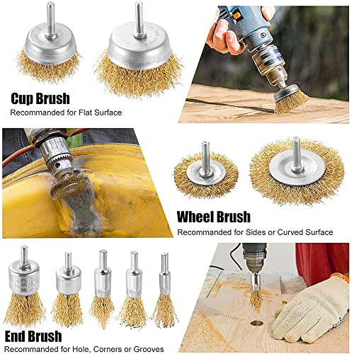 Wire Wheel Brush Cup Brushes Set,23 Pack Steel Wire Brush Kit for Drill 1/4-Inch Shank 0.012-Inch Brass Coated Carbon Crimped for for Polishing,Deburring,Degreasing and Corrosion Removal