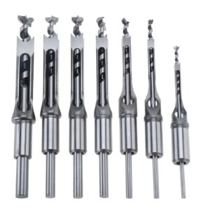 square hole mortise chisel drill bit set, hss woodworking hole saw mortising chisel hole drill bits 6/25" 1/4" 5/16" 3/8" 2/5" 1/2" 9/16" (7 pieces)