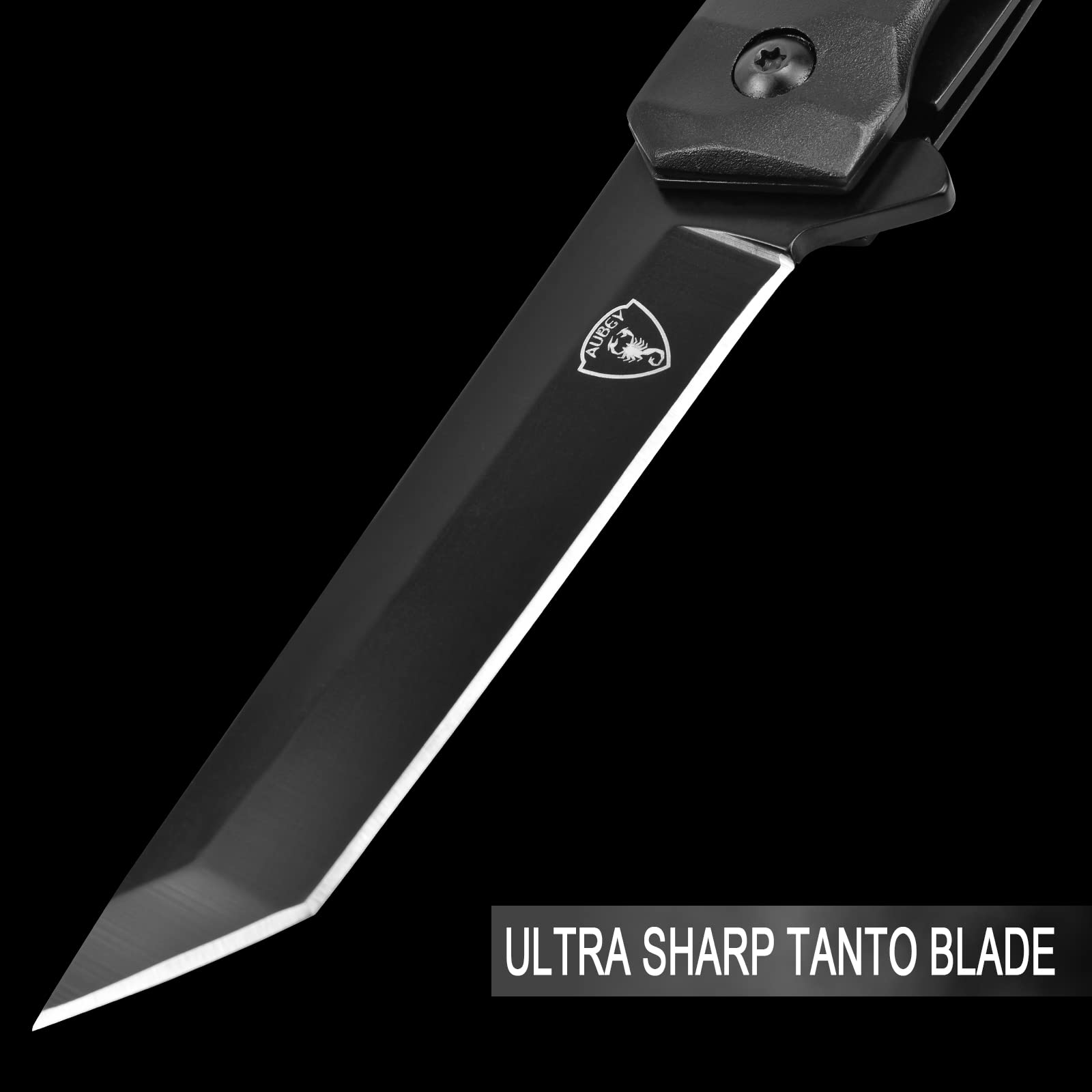 AUBEY Tanto Blade EDC Knife, 440 Steel Pocket Folding Knife with Liner Lock, Clip, Aluminum Handle and Glass Breaker, Nice Gift for Men Women (Black)