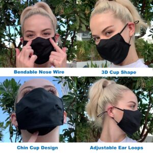 3-Ply Organic Cotton Cloth Face Mask Reusable Washable, Face Masks Adjustable Ear Loops Nose Wire Filter Pocket, Pack of 3 No Fog/Dust for Unisex Adult (3 Black)