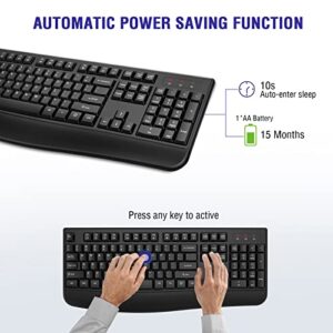 QUASIO Wireless Keyboard, 2.4G Full-Sized Ergonomic Wireless Computer Keyboard with Wrist Rest for Windows, Mac OS Laptop/PC/Desktop/Notebook (Black)