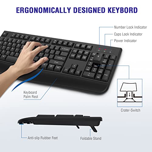 QUASIO Wireless Keyboard, 2.4G Full-Sized Ergonomic Wireless Computer Keyboard with Wrist Rest for Windows, Mac OS Laptop/PC/Desktop/Notebook (Black)