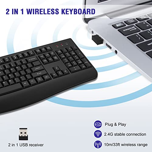 QUASIO Wireless Keyboard, 2.4G Full-Sized Ergonomic Wireless Computer Keyboard with Wrist Rest for Windows, Mac OS Laptop/PC/Desktop/Notebook (Black)