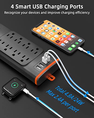 Surge Protector Power Strip Flat Plug, Swivel Extension Cord 6 Feet 3 Prong, 4 USB Ports(PD 24W), 8 Outlets, 2700 Joules, 15A/1875W, Circuit Breaker Switch, SGS Approved