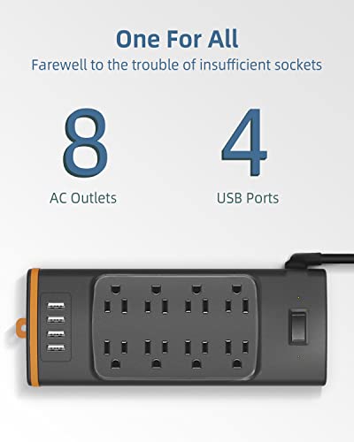 Surge Protector Power Strip Flat Plug, Swivel Extension Cord 6 Feet 3 Prong, 4 USB Ports(PD 24W), 8 Outlets, 2700 Joules, 15A/1875W, Circuit Breaker Switch, SGS Approved