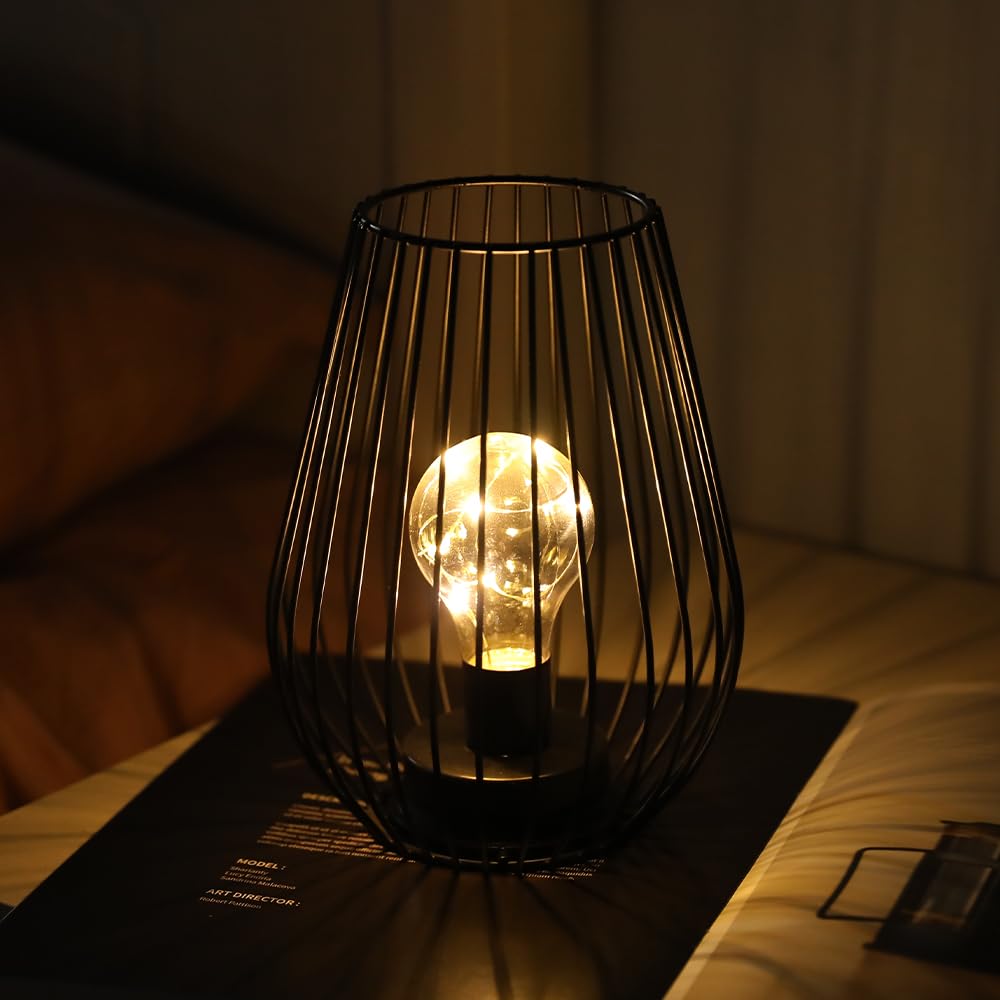 TRIROCKS Metal Cordless Table Lamp - 8'' Tall Cage Shape Battery Operated Lamp with Warm Fairy Lights Bulb for Indoor/Outdoor Use, Perfect for Christmas, Patio, Garden, and Weddings (Black)