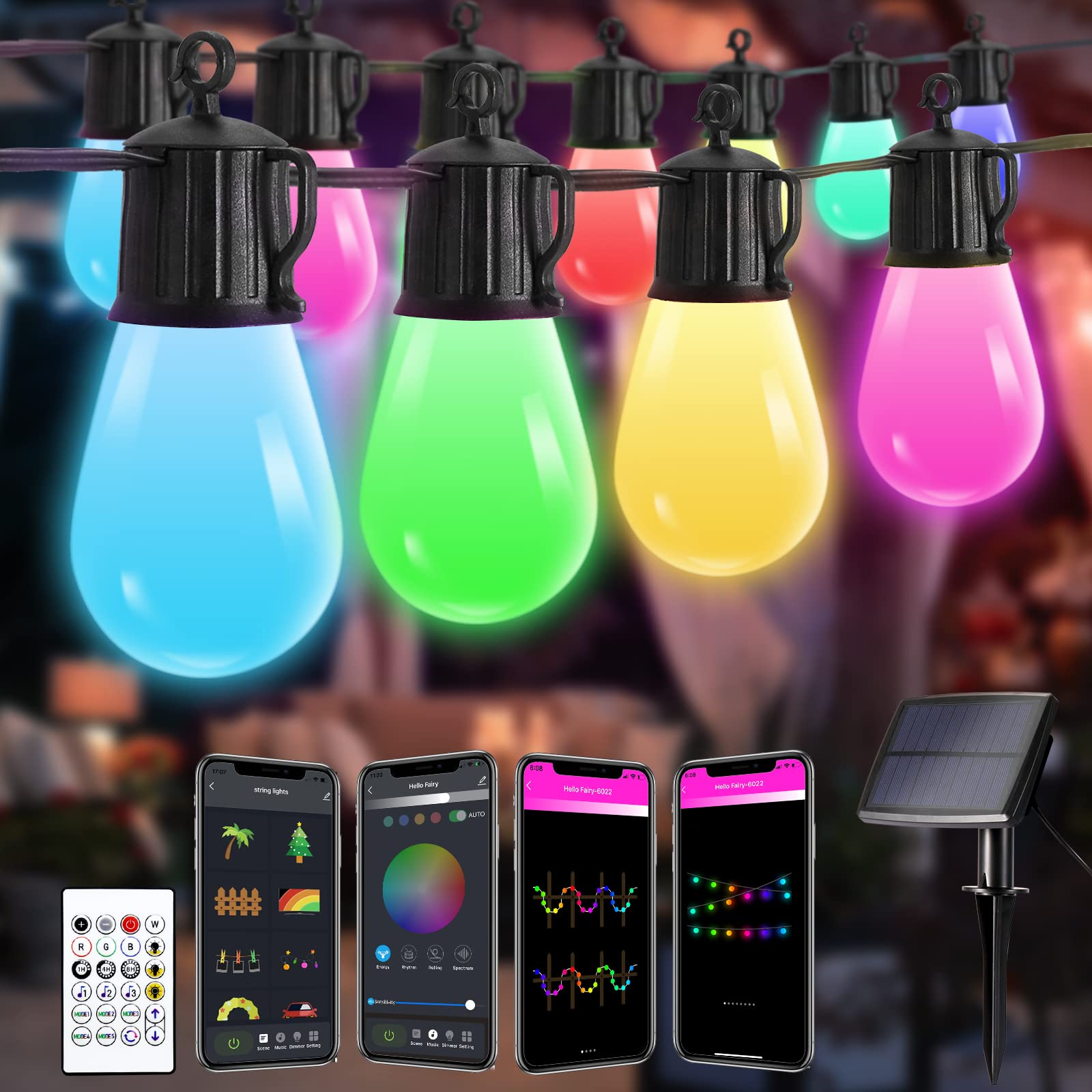 Solar Outdoor Lights Waterproof RGB, 48Ft App& Remote Control Solar Powered String Patio lights with 25 Plastic LED Edison Bulbs, Color Changing Dimmable Music Hanging Lights for Porch Balcony Camping