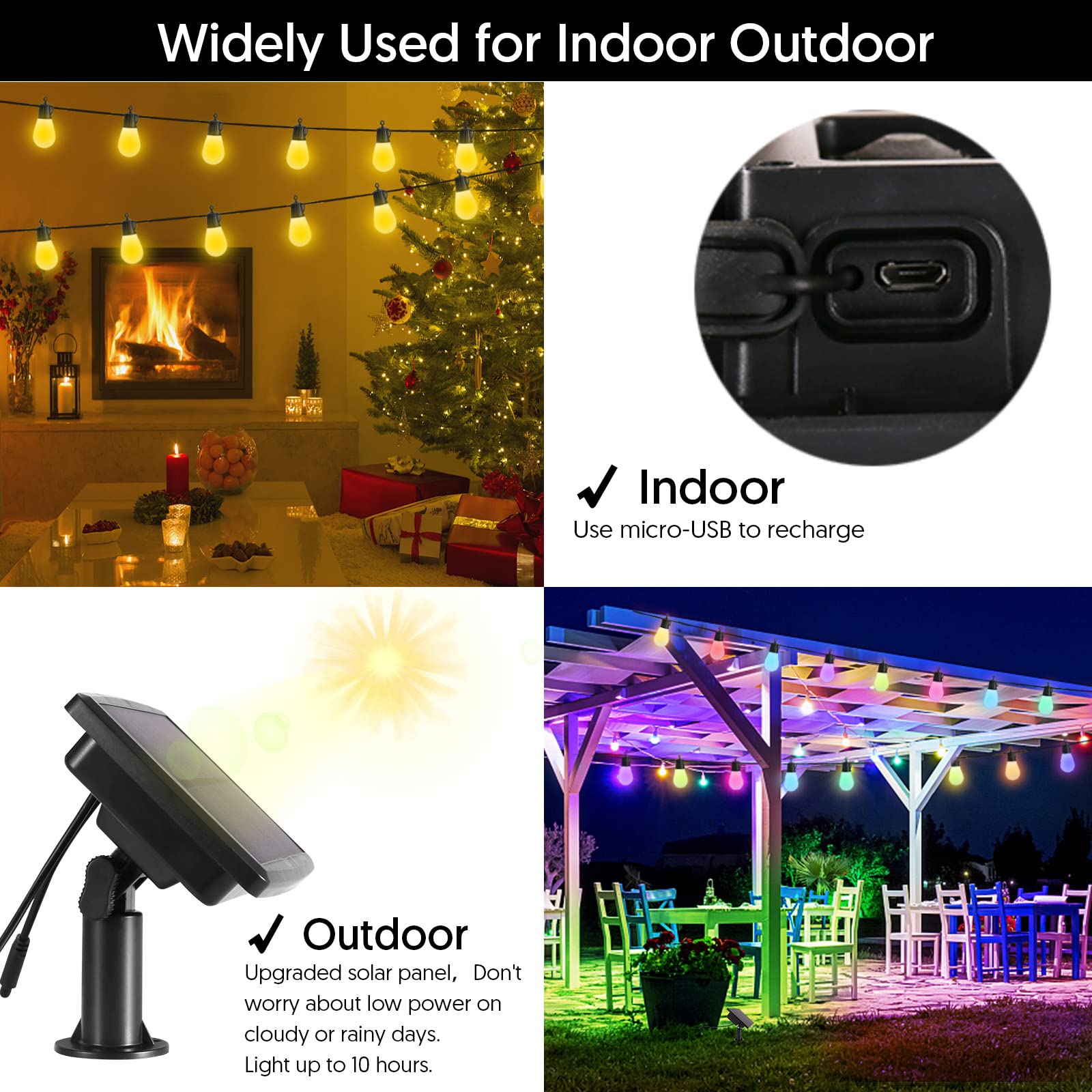 Solar Outdoor Lights Waterproof RGB, 48Ft App& Remote Control Solar Powered String Patio lights with 25 Plastic LED Edison Bulbs, Color Changing Dimmable Music Hanging Lights for Porch Balcony Camping