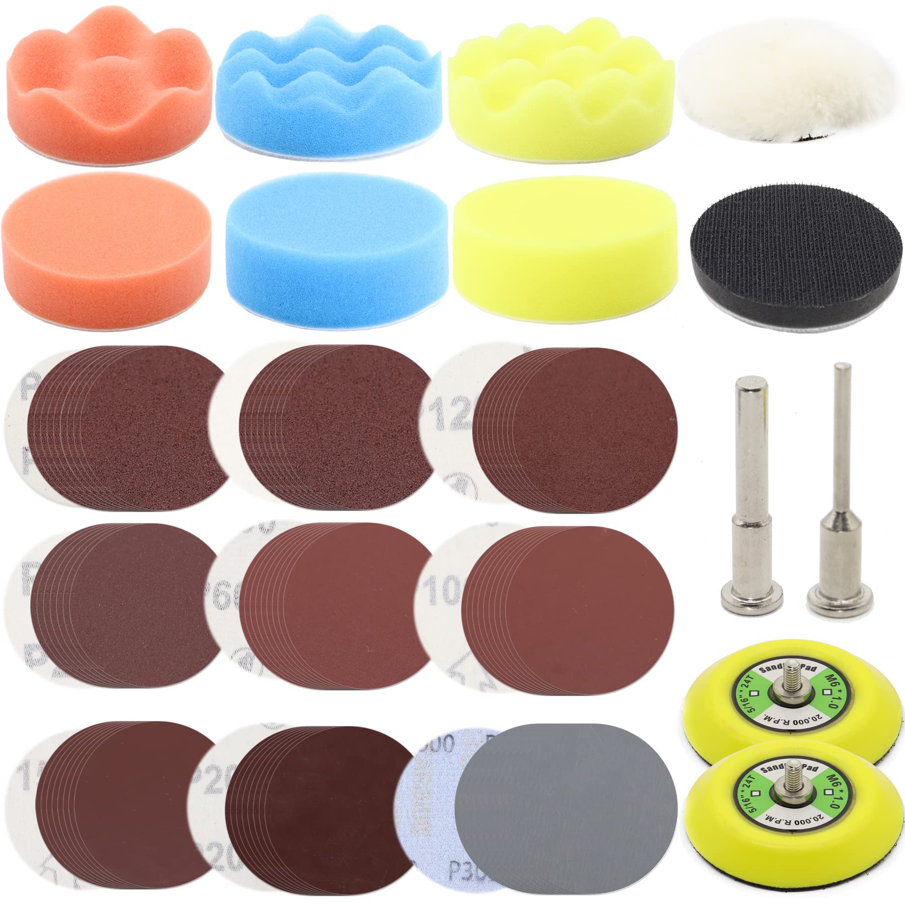 102pcs Sandpaper 3 Inch Sanding disc 60-3000 Grit Wet Dry Sandpaper with 1/8"&1/4" Backer Plate Shank, Soft Foam Buffering Pad, and Polishing Pads Sponge for Wood Mirro Jewelry Car Metal Polishing kit