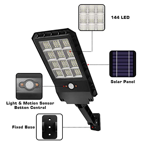 Solar Street Lights 144 LED Solar Parking Lot Lights Remote Control Street Lights Solar Powered Motion Light Dusk to Dawn Solar Security Flood Light for Street Gutter Porch Garage Driveway-2 Pack