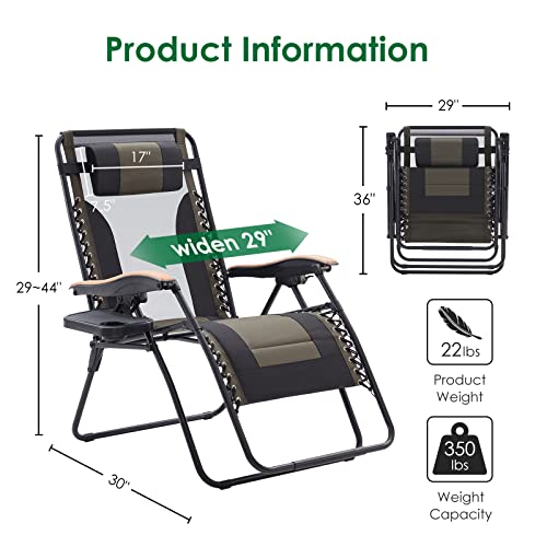 Farini Oversized XL Zero Comfortable Lounge Outside Anti-Gravity Adjustable Headrest and Side Table Reclining Camping Chair Support 350Lbs, 30D x 29W x 44H in, Black/Green