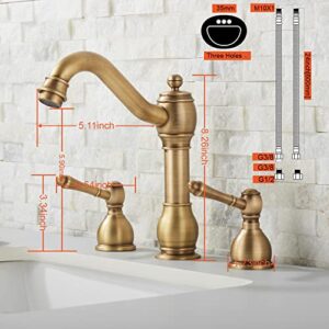 IBOFYY Antique Brass Bathroom Sink Faucet, 8inch Two Handle Bathroom Faucet 3 Holes Solid Brass With Metal Pop-Up Drain Assembly (Antique Brass)