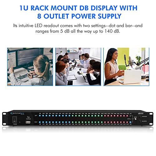 Technical Pro 1U Rack Mount DB Display with 8 Outlet Power Supply Surge Protector with 5V USB Charging Ports, Input, and Output RCA.