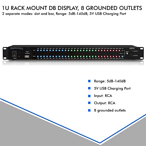 Technical Pro 1U Rack Mount DB Display with 8 Outlet Power Supply Surge Protector with 5V USB Charging Ports, Input, and Output RCA.