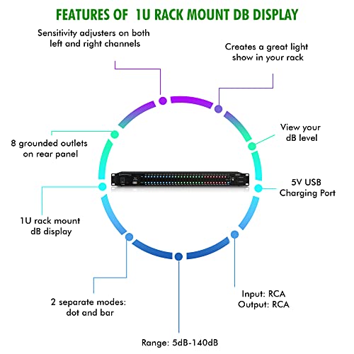 Technical Pro 1U Rack Mount DB Display with 8 Outlet Power Supply Surge Protector with 5V USB Charging Ports, Input, and Output RCA.