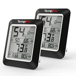 temppro a50-2 hygrometer indoor thermometer humidity sensor with air comfort indicator, 2 pack humidity meter room thermometer for home basement greenhouse temperature sensor, black