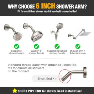 YASFEL 6 Inch Shower Arm Modern Wall Mounted Shower Extension Arm Pipe with Flange and Teflon Tape for Shower Head & Handheld Shower Head(SUS 304, Brushed Nickel,NPT)