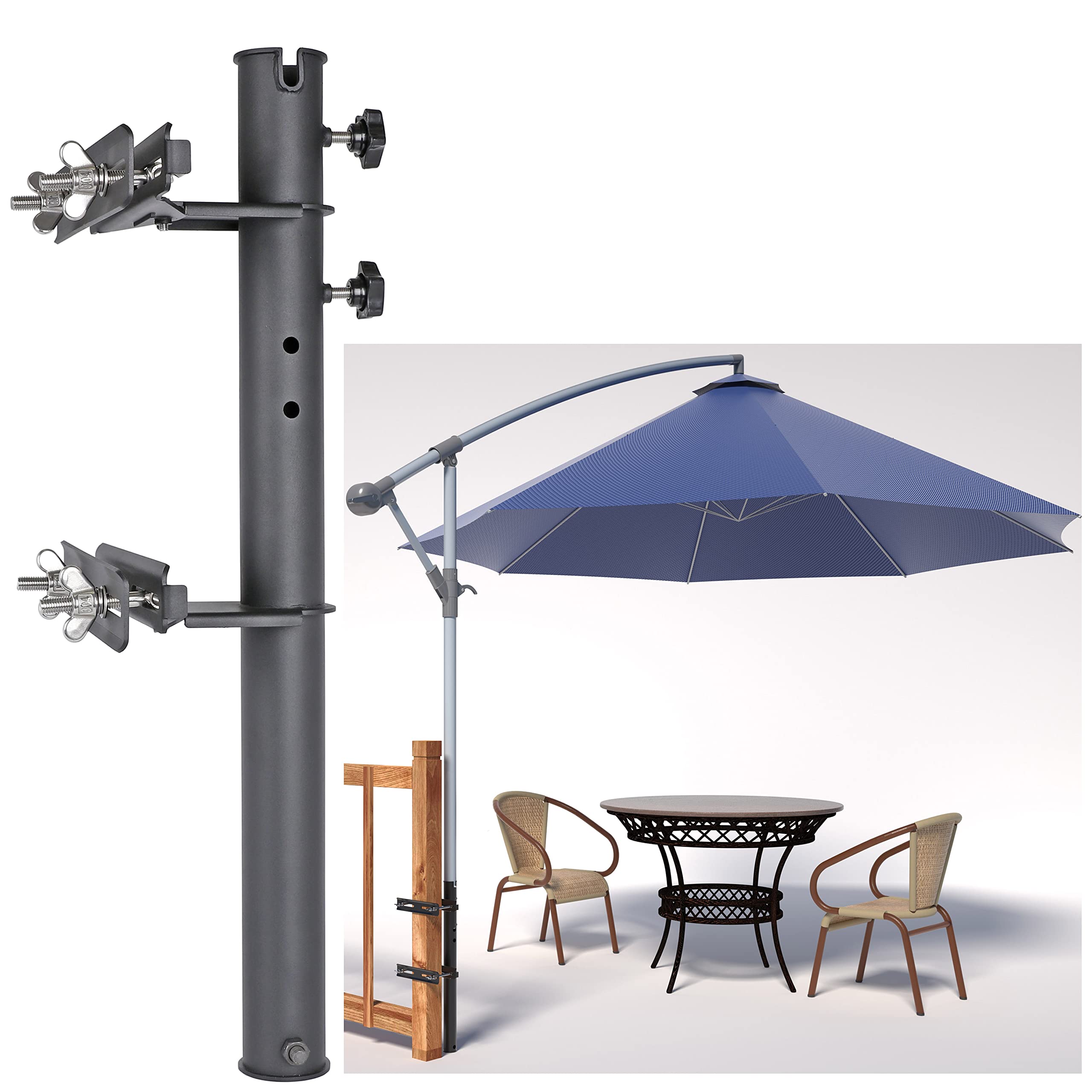 Deck Man Patio Table/Offset Umbrella Railing Holder, Stainless Steel Outdoor Umbrella Mount/Bracket for Deck Railing, Adjustable Base Width (Tube ID: 1.94")