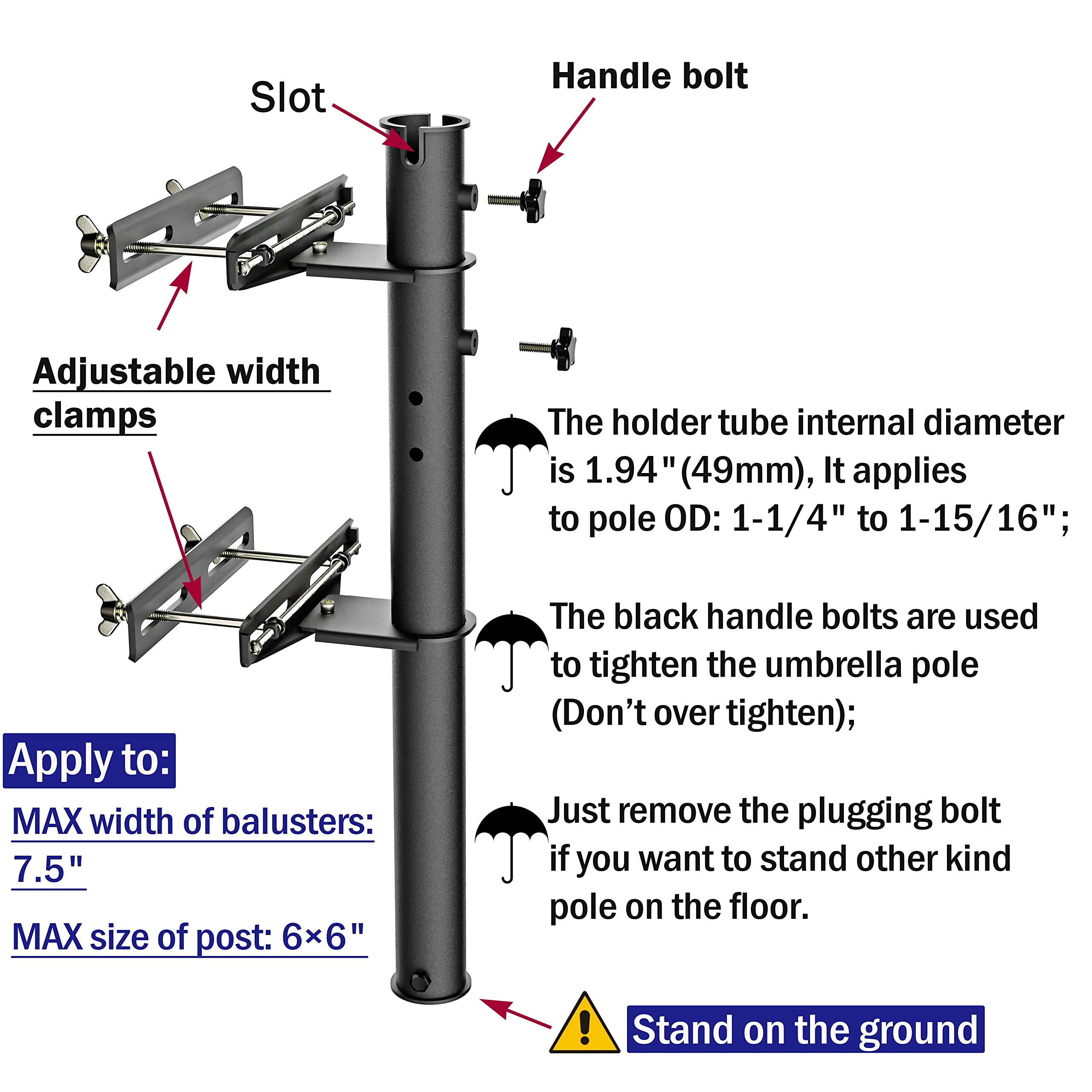 Deck Man Patio Table/Offset Umbrella Railing Holder, Stainless Steel Outdoor Umbrella Mount/Bracket for Deck Railing, Adjustable Base Width (Tube ID: 1.94")