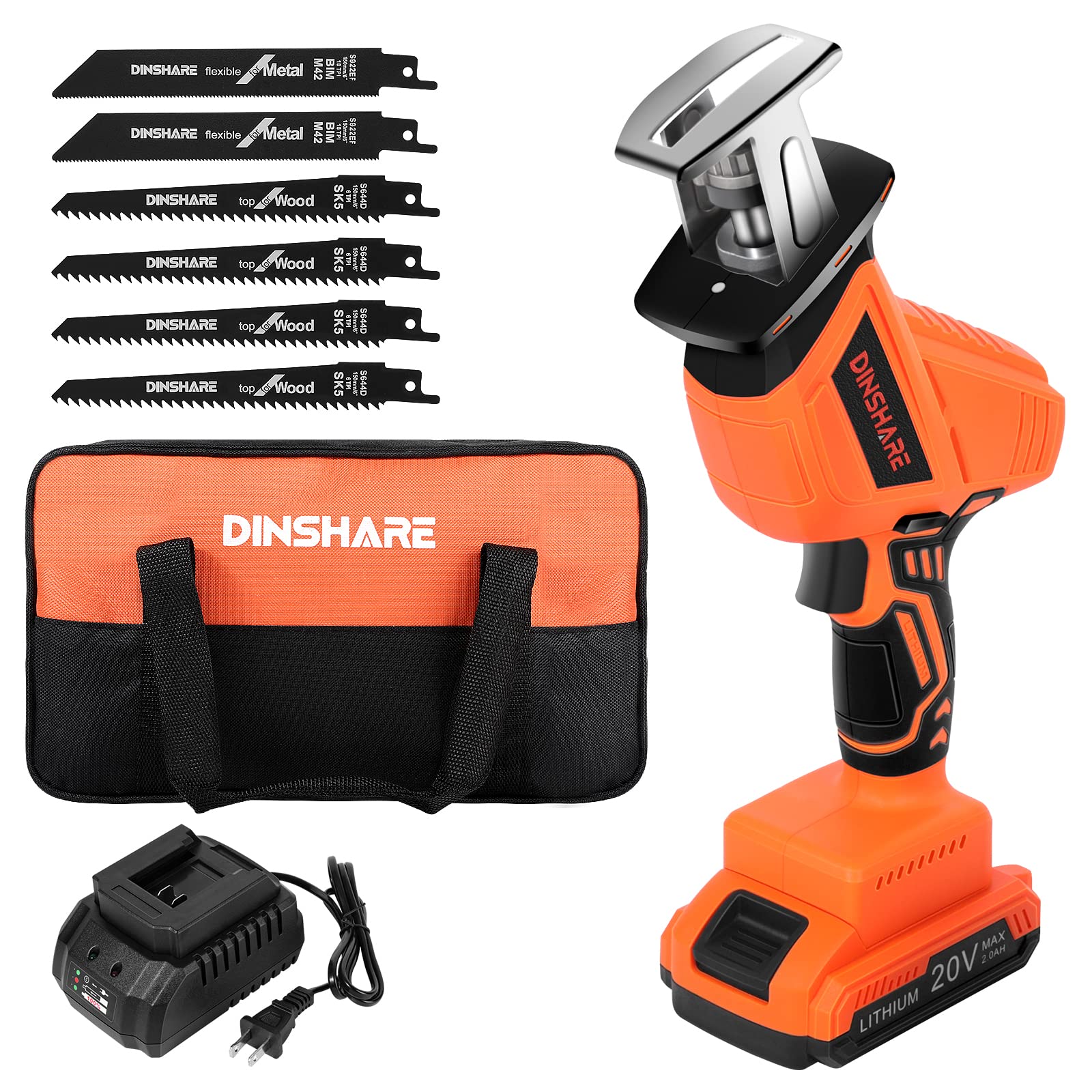 Cordless Reciprocating Saw, 20V 2.0Ah Battery Powered Electric w/High Efficient Cutting, 45 Mins Fast Charger, 6 Saw Blades, Tool-free Blade Change, Powerful Saw for Metal Wood PVC Pipe Tree