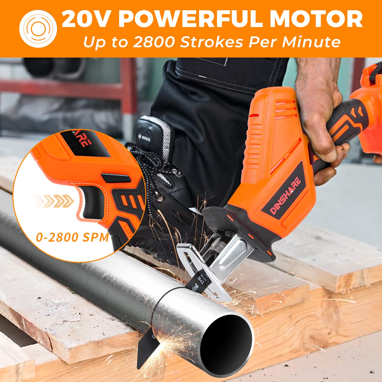 Cordless Reciprocating Saw, 20V 2.0Ah Battery Powered Electric w/High Efficient Cutting, 45 Mins Fast Charger, 6 Saw Blades, Tool-free Blade Change, Powerful Saw for Metal Wood PVC Pipe Tree